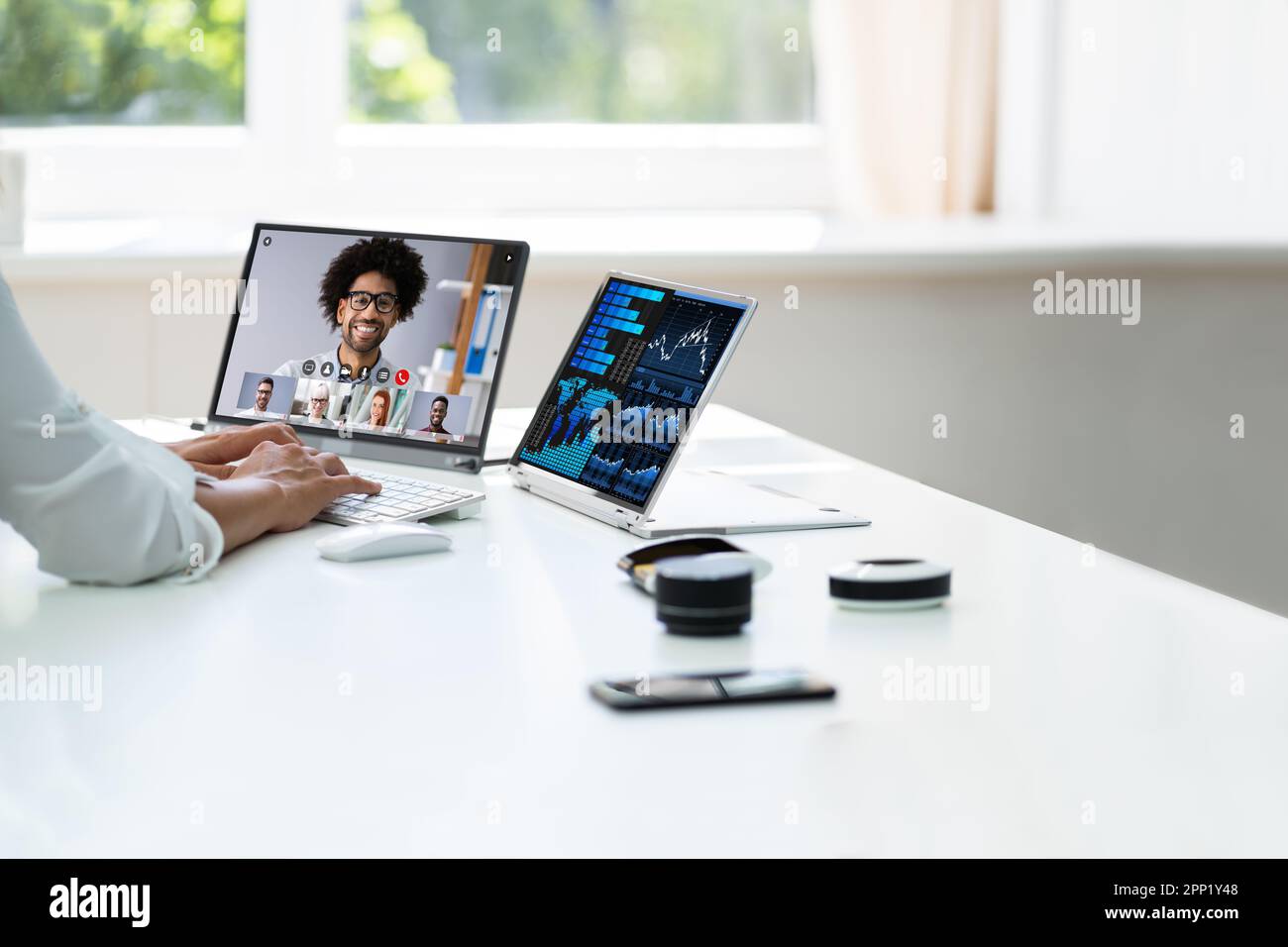 Watching Video Conference Business Webinar On Computer Stock Photo - Alamy