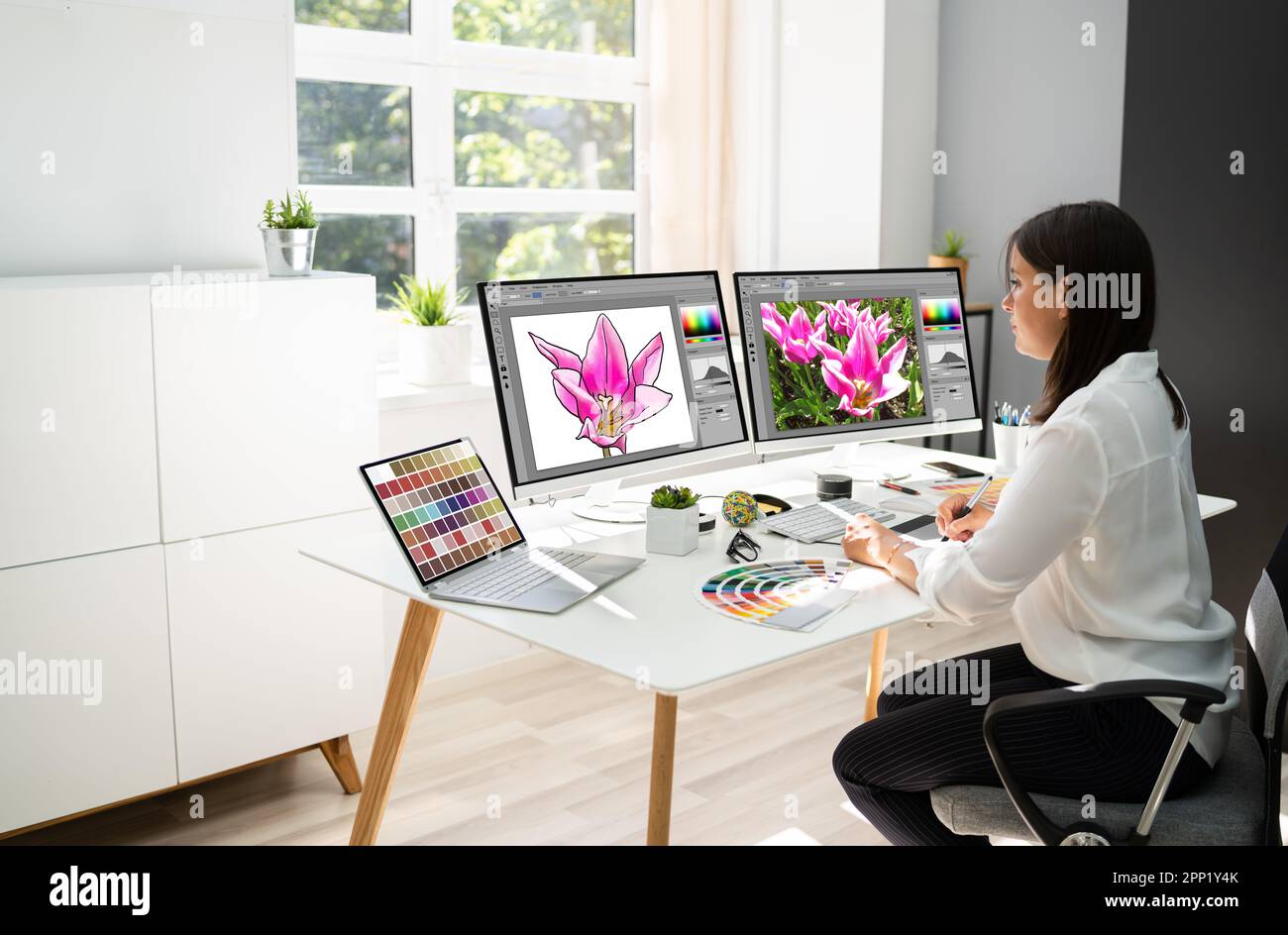 Graphic Designer Artist Working On Multiple Computer Screens Stock ...