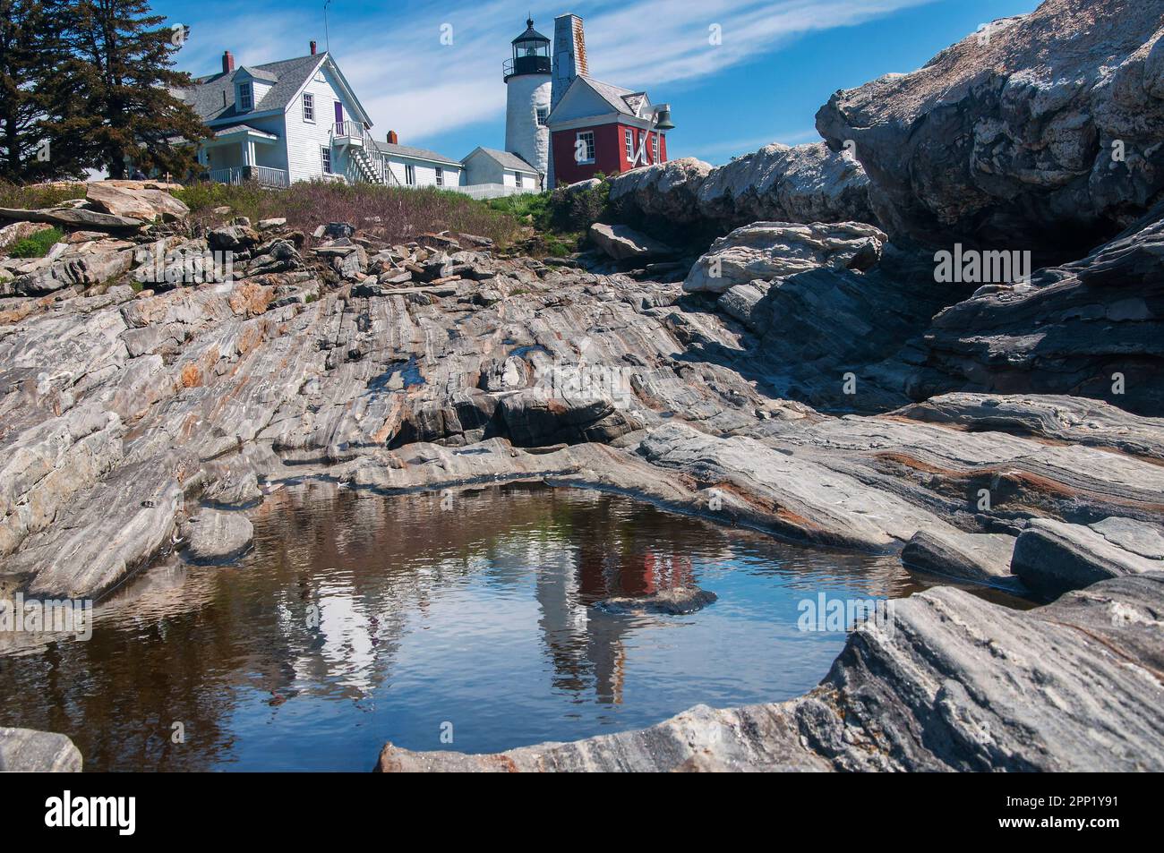 the historic Pemaquid point lighthouse and bell house at Pemaquid Point ...