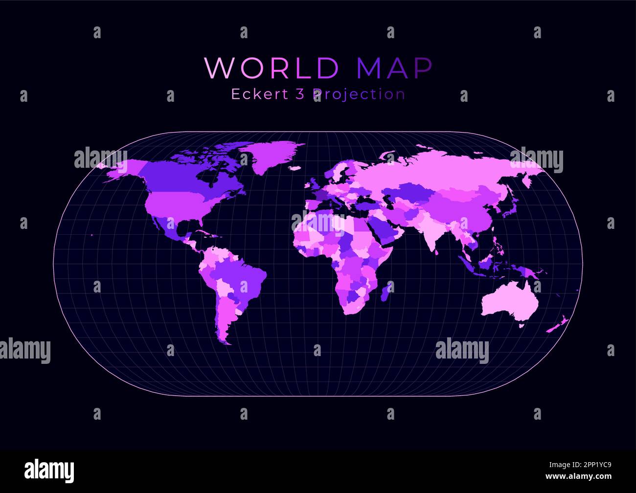 World Map. Eckert III Projection. Digital world illustration. Bright ...