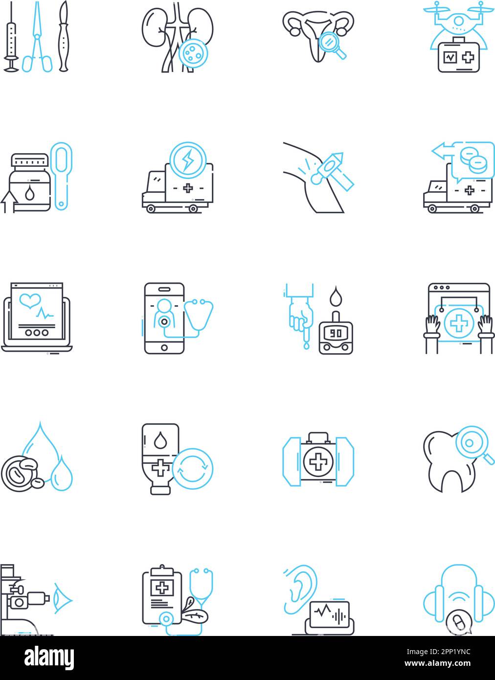 Medical treatment linear icons set. Diagnosis, Therapy, Medicine ...