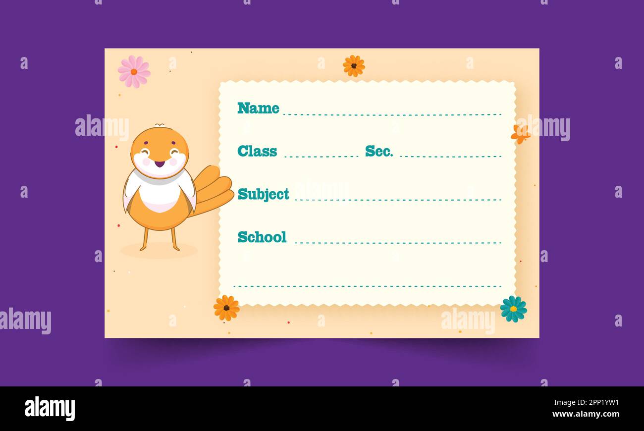 Cute Bird With Flower Decorative Notebook Label Or Name Tag On Purple ...