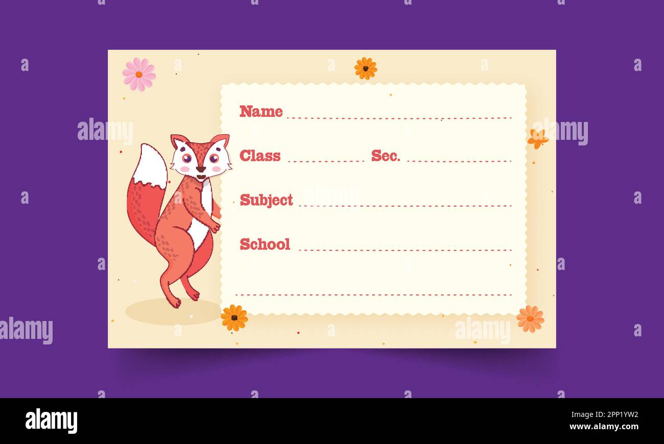 Cartoon Fox Animal With Flower Decorative Notebook Label Or Name Tag On ...