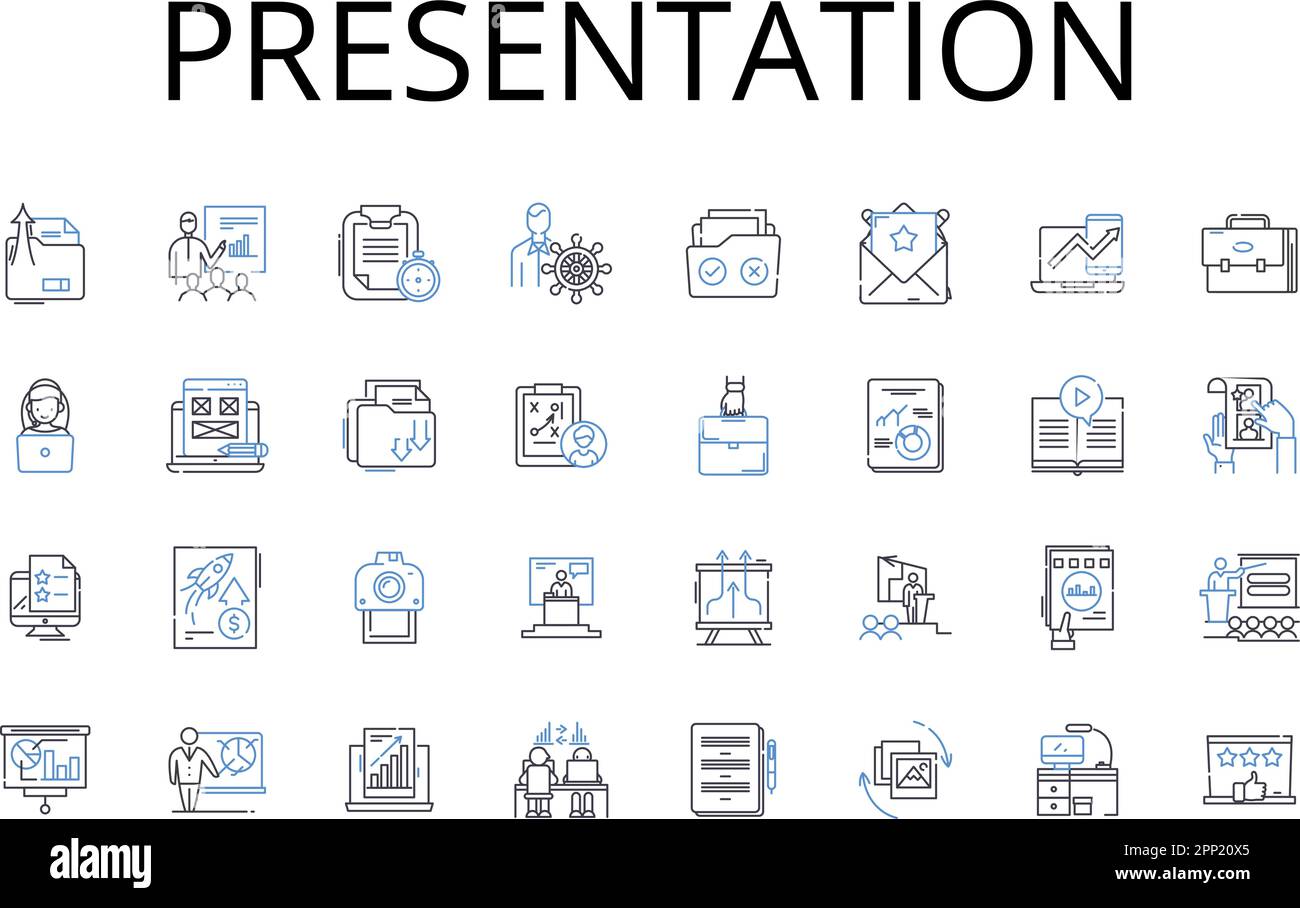 Presentation line icons collection. Performance, Demonstration, Show, Display, Lecture, Exhibit ...