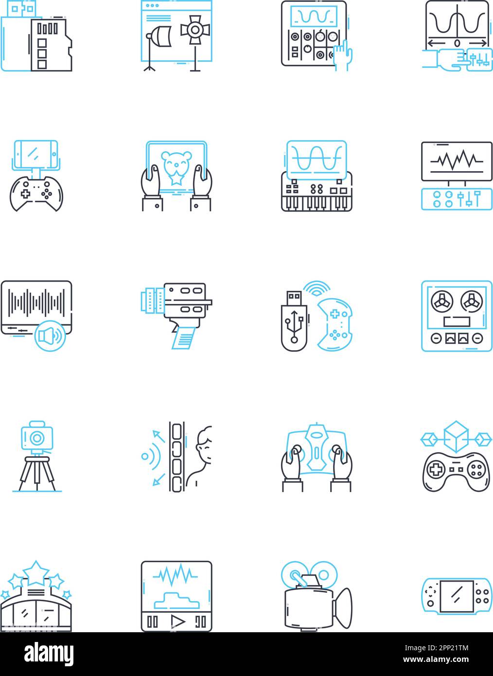 Audio industry linear icons set. Soundscapes, Amplifiers, Speakers ...