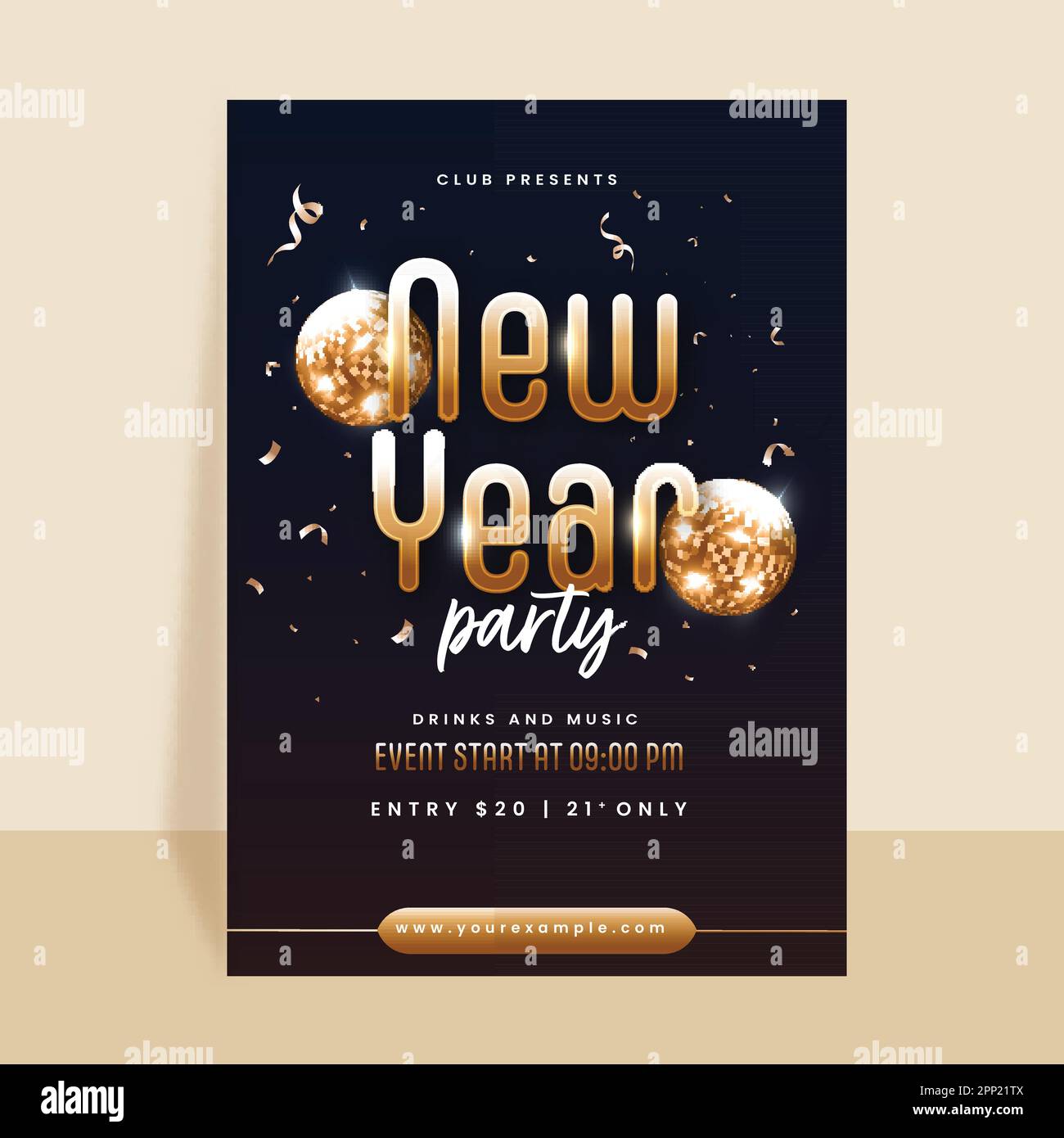 New Year Party Flyer Design Decorated With 3D Disco Balls, Golden ...