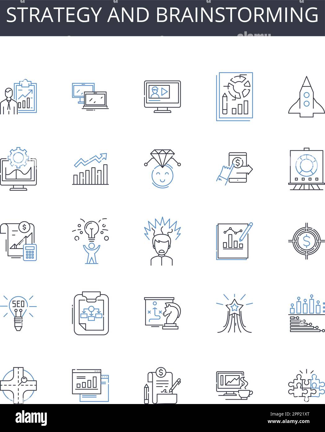 Strategy and brainstorming line icons collection. Planning and scheming ...