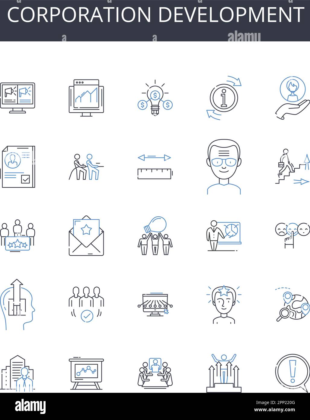 Corporation development line icons collection. Business expansion, Company growth ...