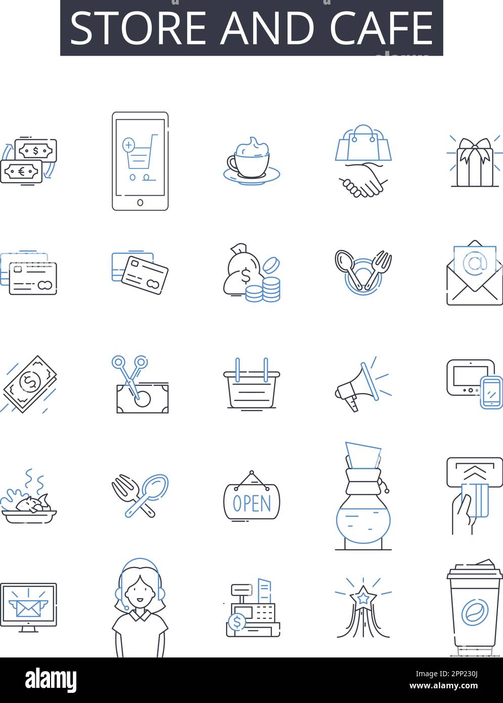 Store and cafe line icons collection. Shop, Bistro, Market, Eatery ...