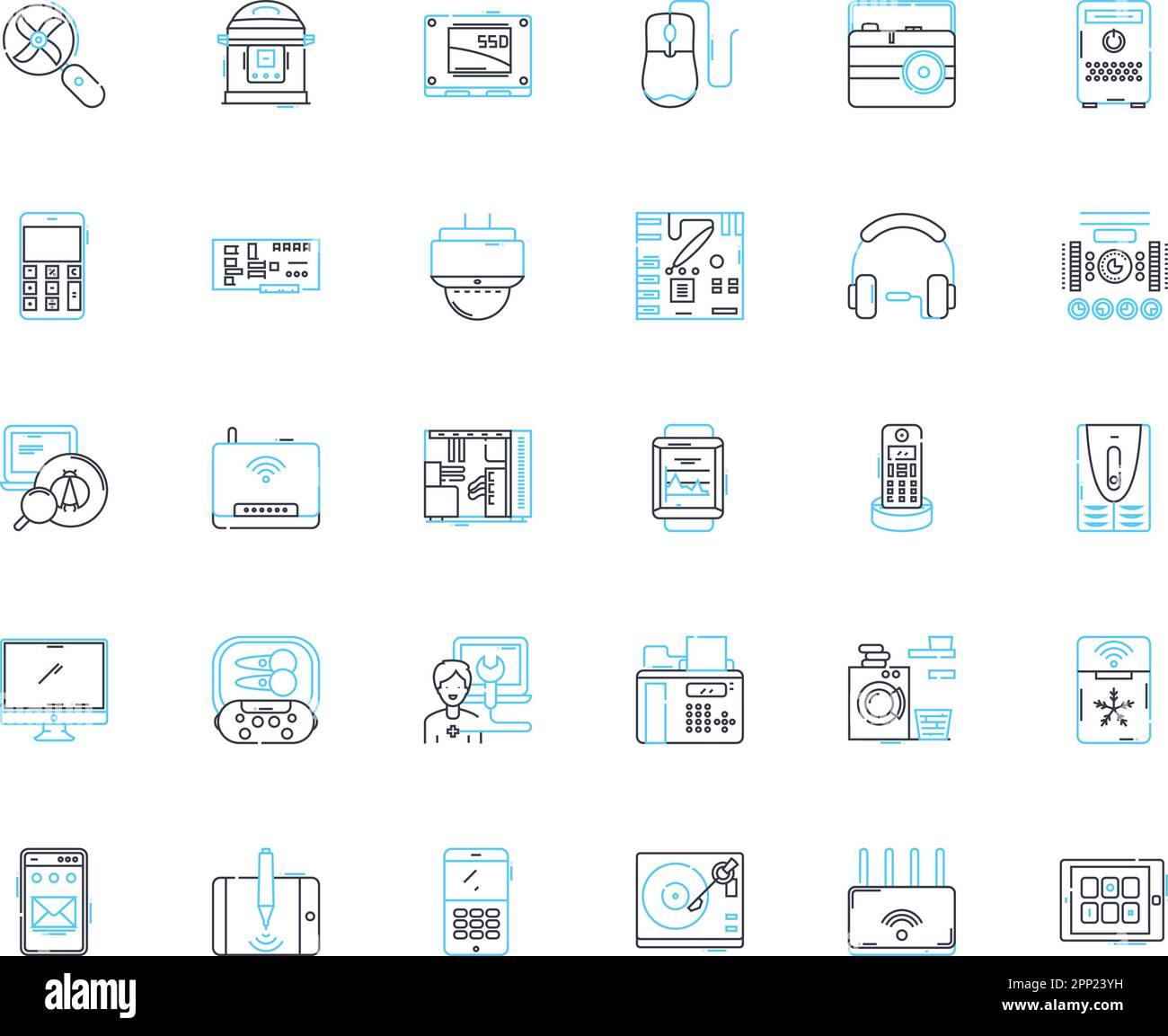 Computer gear linear icons set. Keyboard, Mouse, Monitor, CPU, Graphics, Motherboard, RAM line ...