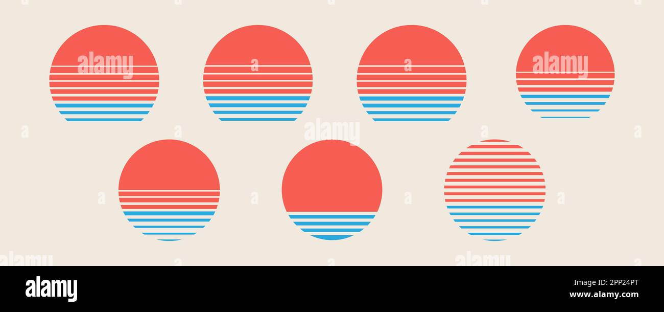 Sunset collection. Set of retro graphics with sun dipped in sea. 80s ...