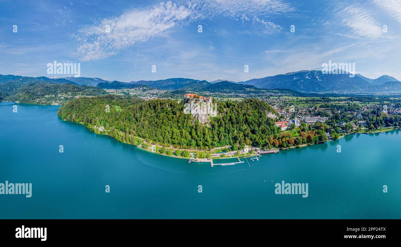 Beautiful idyllic aerial panorama view on island, castle, catholic ...
