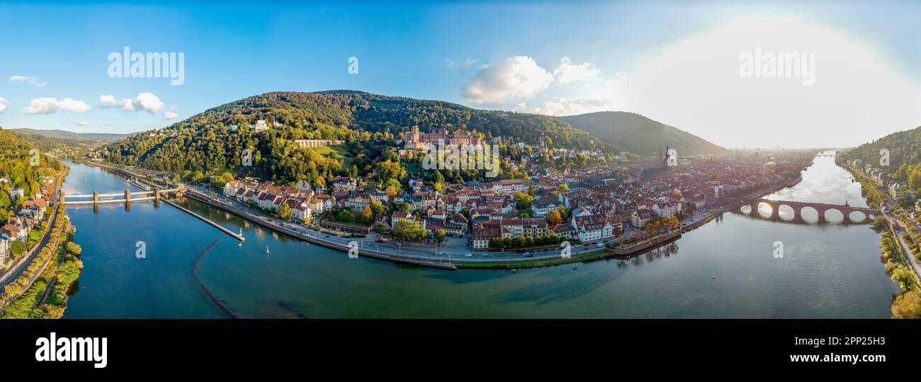 Panorama on Heidelberg. Castle, Neckar river, bridge. Baden Wurttemberg ...