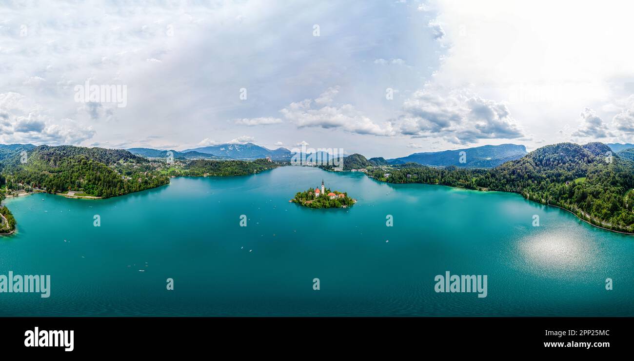 Beautiful idyllic aerial 360 panorama view on island, castle, catholic ...