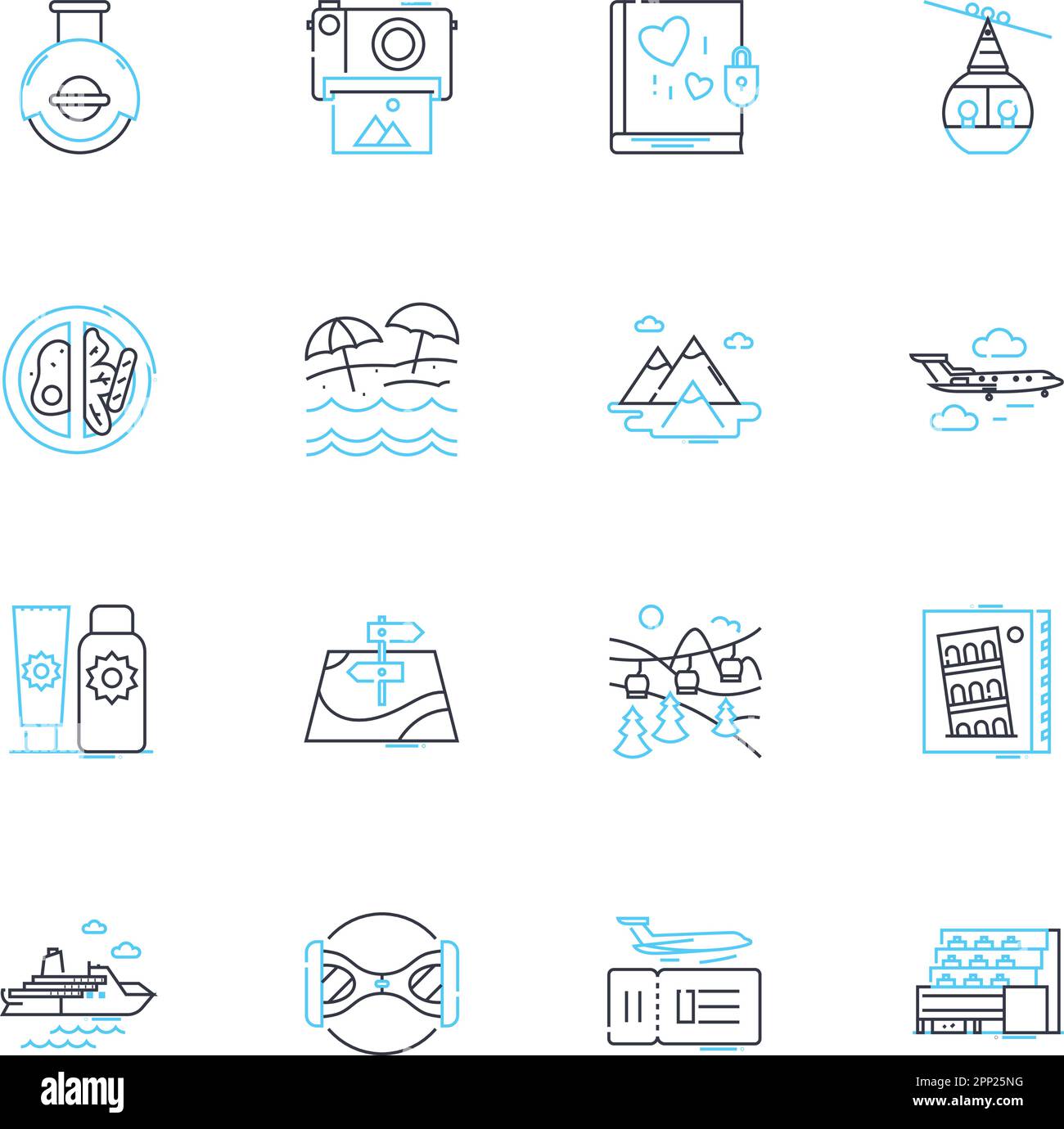 Expeditions linear icons set. Adventure, Trek, Exploration, Safari ...