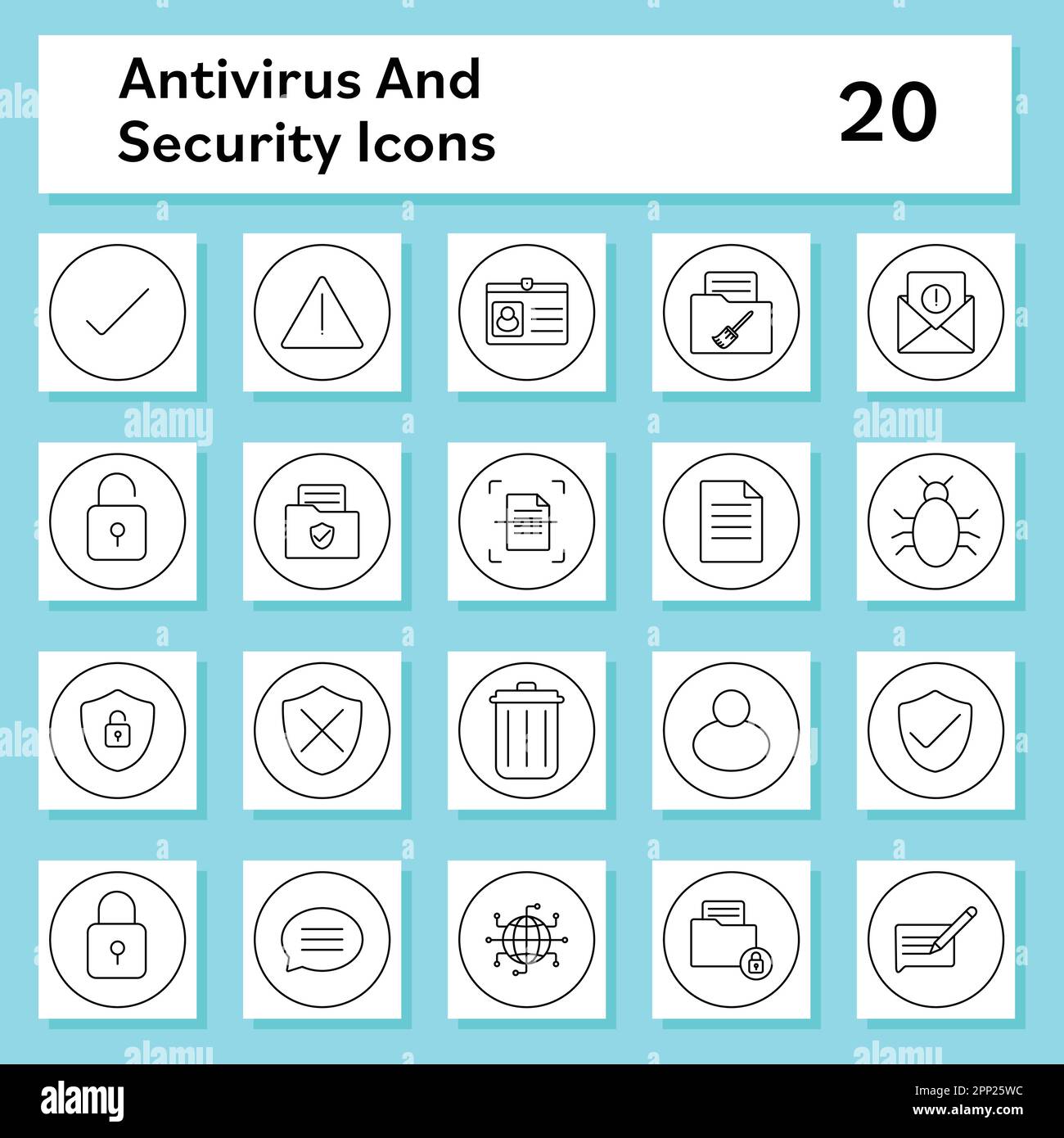 Black Linear Style Antivirus Security Icon Or Symbol Set On White And ...