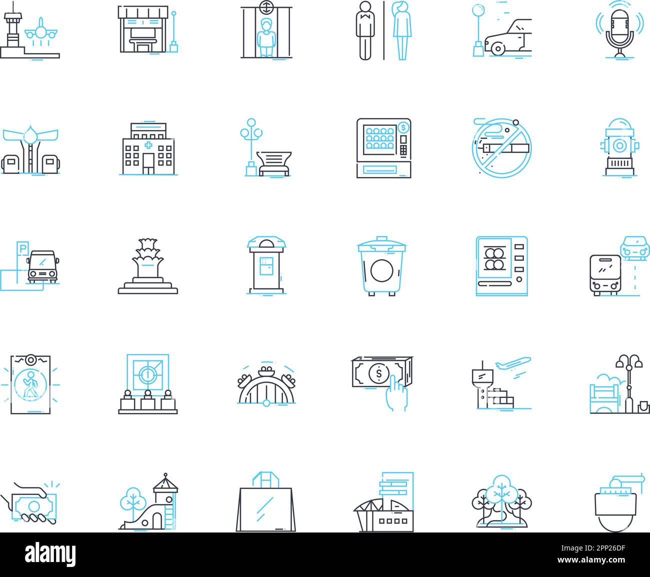 Metropolis linear icons set. Cityscape, Urbanite, Skyscraper ...