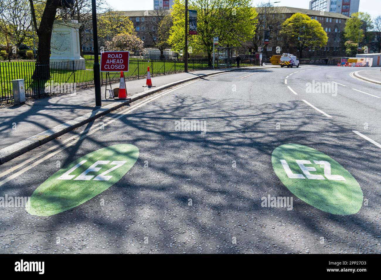 Road markings indication the start of the Low Emission Zone, LEZ, on ...