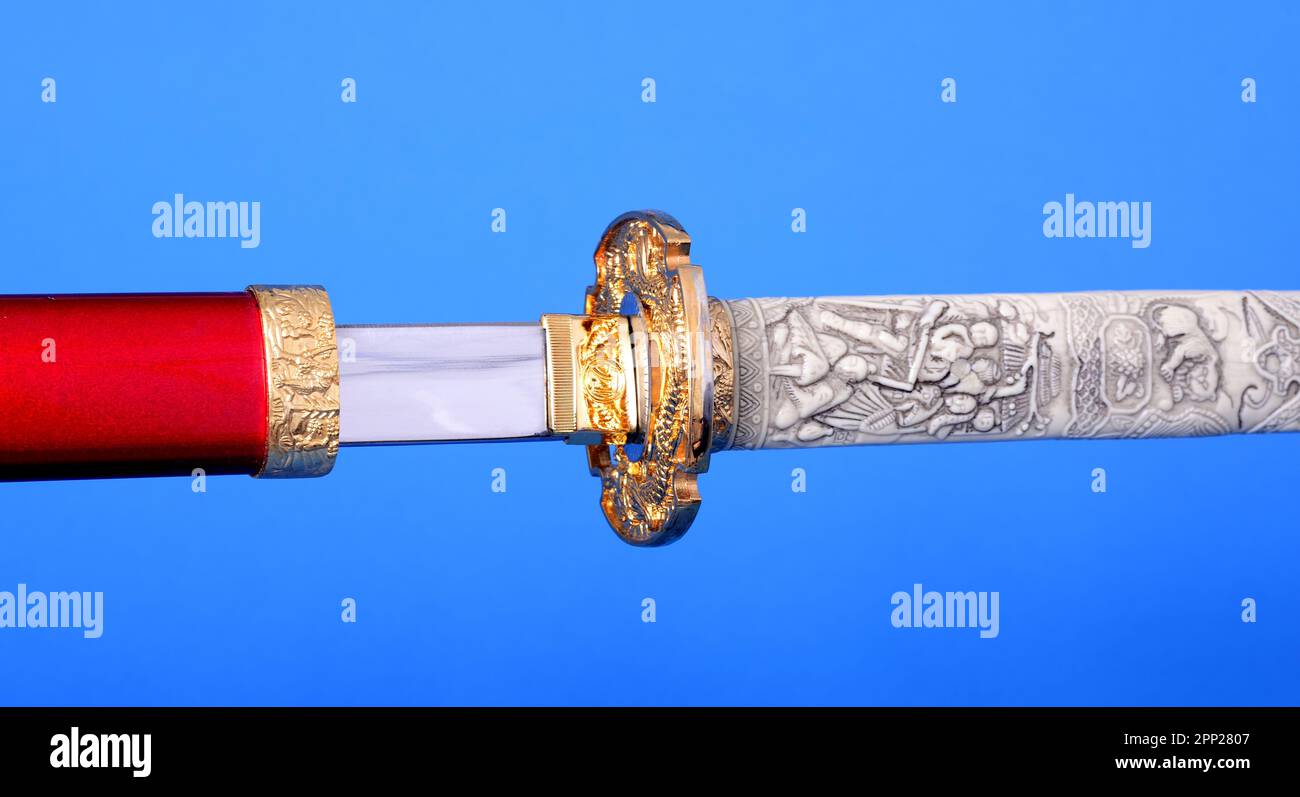 Samurai sword, Katana, Wakizashi and Tanto, isolated on blue background ...