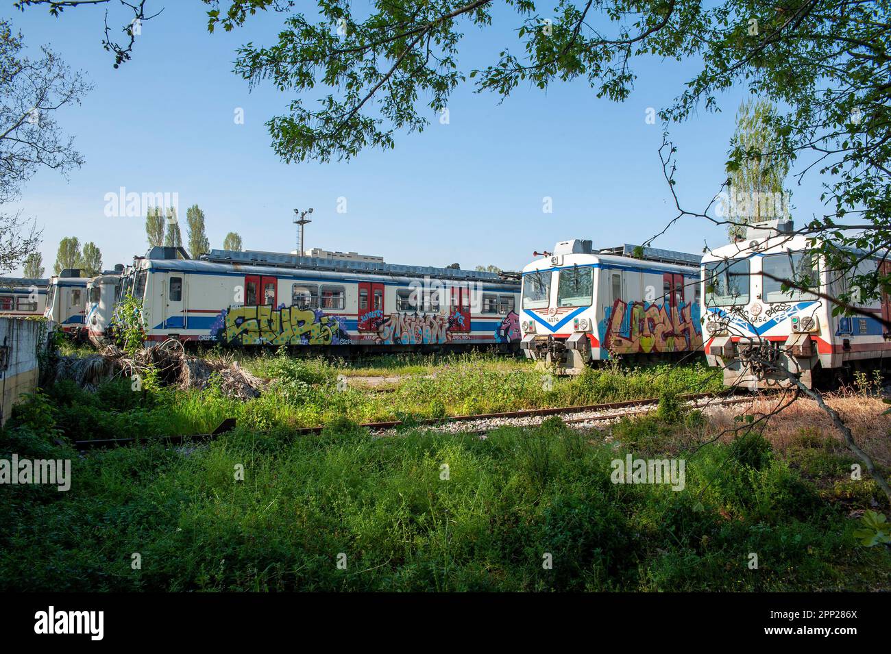 Old trains in the retired open area train depot at the historical ...