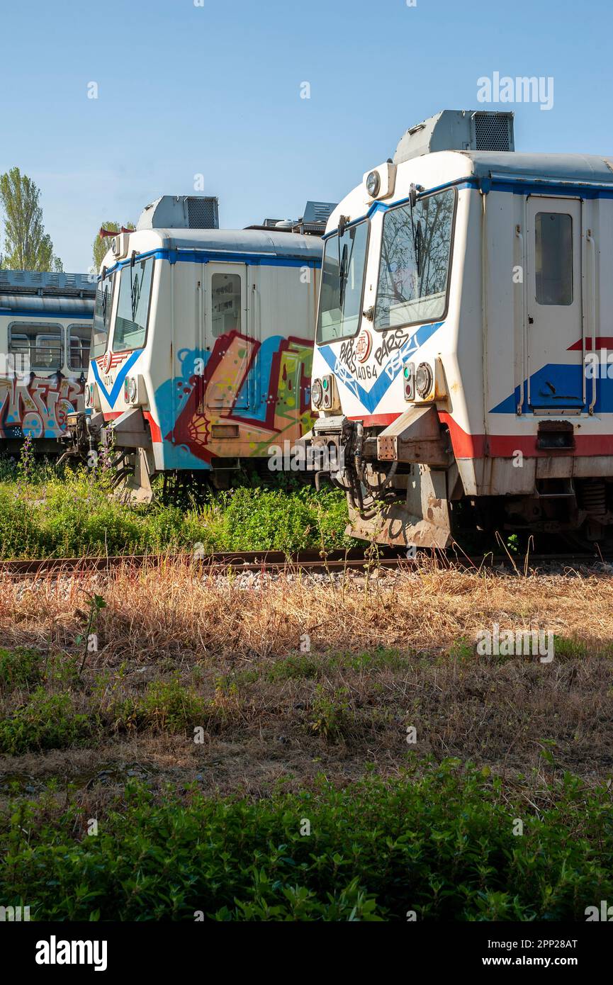 Old trains in the retired open area train depot at the historical ...