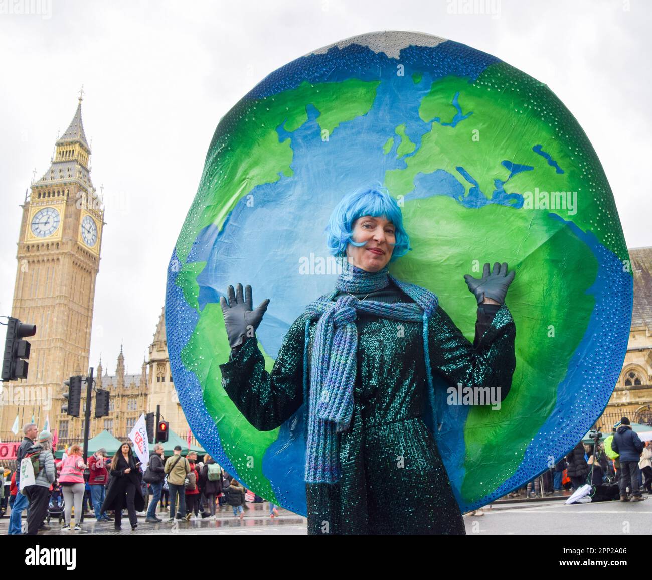 London, England, UK. 21st Apr, 2023. A protester wears an elaborate ...