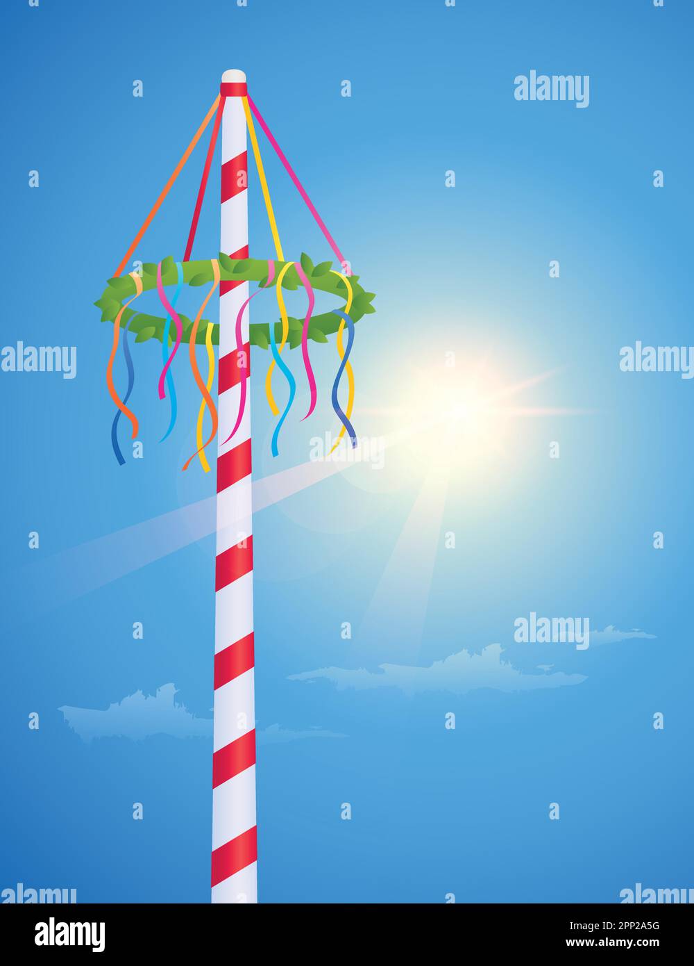 maypole with colorful ribbons on blue sunny sky background Stock Vector ...