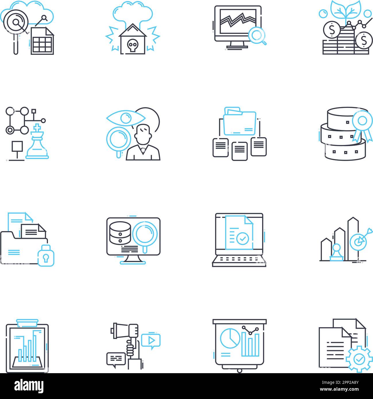 Probe linear icons set. Explore, Analyze, Detect, Investigate, Research ...