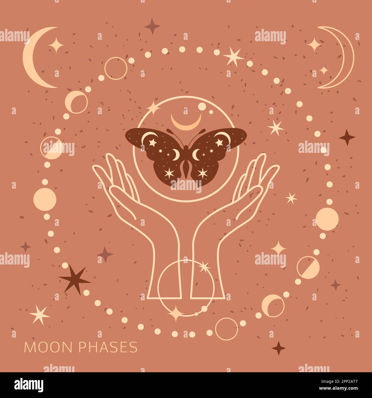 Mystical moon phases and woman hands and moth, alchemy esoteric magic ...