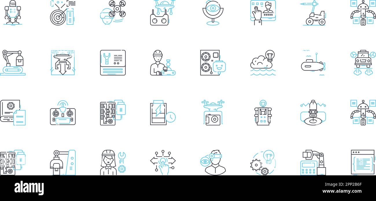 Flying robots linear icons set. Drs, Quadcopters, Hovercraft ...