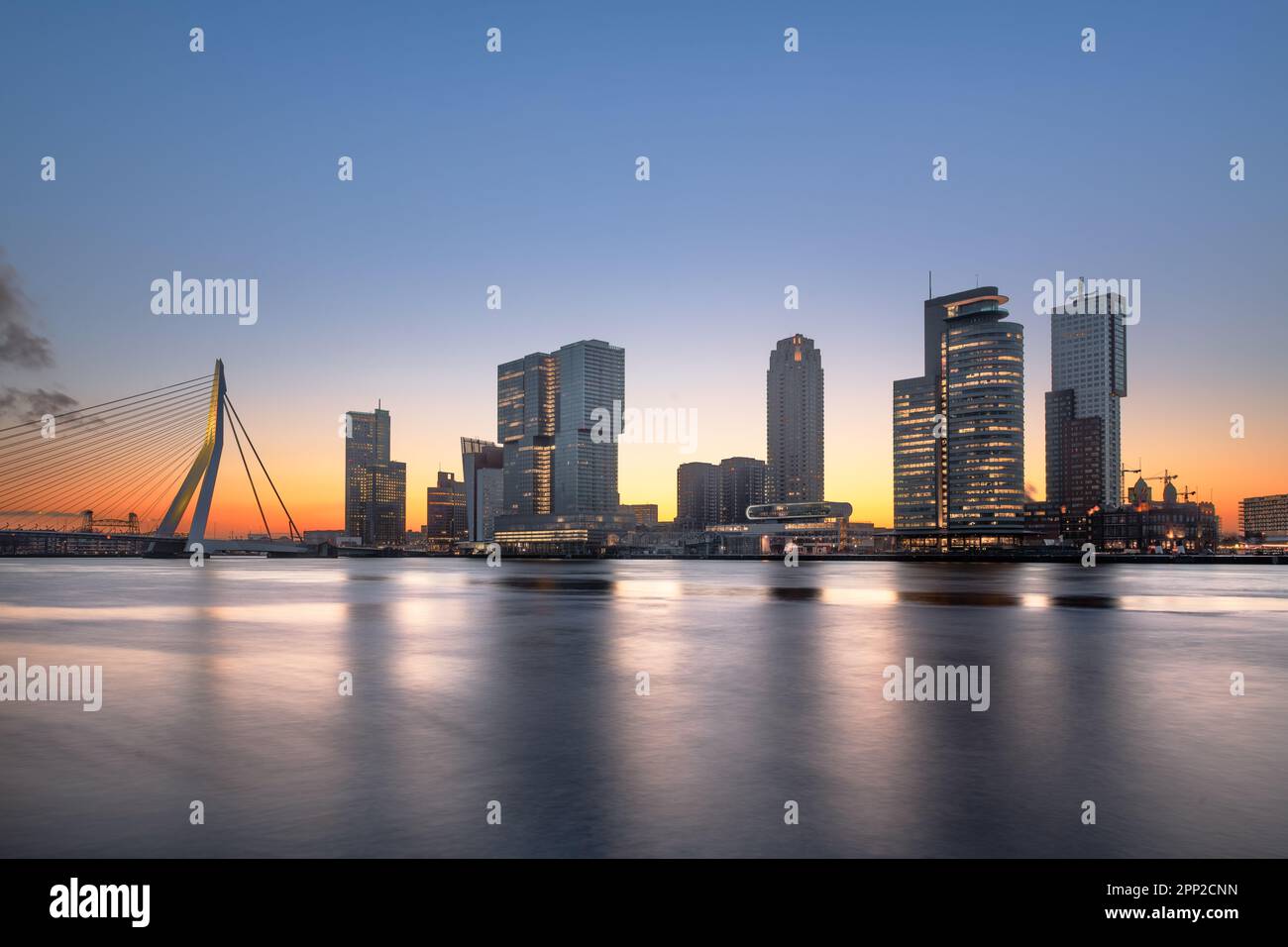 Rotterdam, Netherlands, city skyline on the river at twilight Stock ...