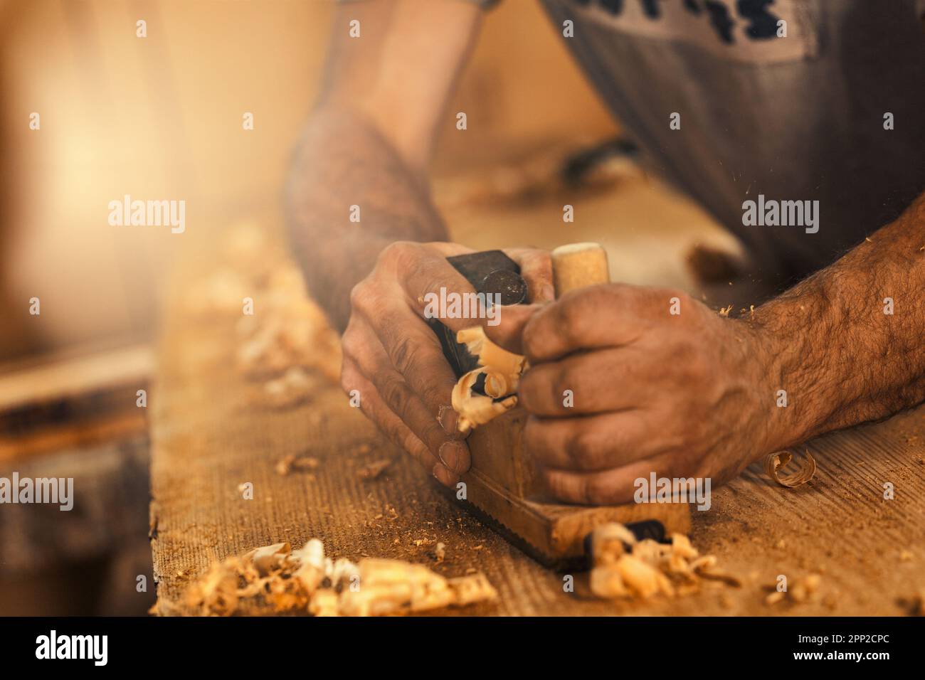 The wood artisan, a robust and strong man known as a carpenter, hand ...
