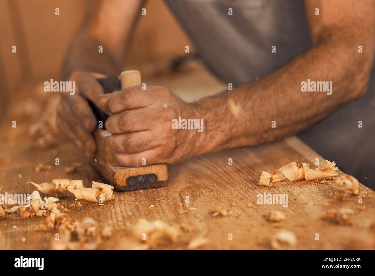 The wood artisan, a robust and strong man known as a carpenter, hand ...