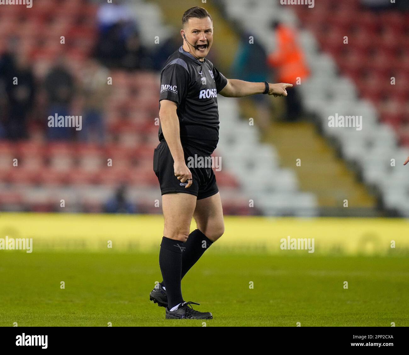 Leigh, UK. 21st Apr, 2023. Referee Mr Ben Thaler shouts instructions ...