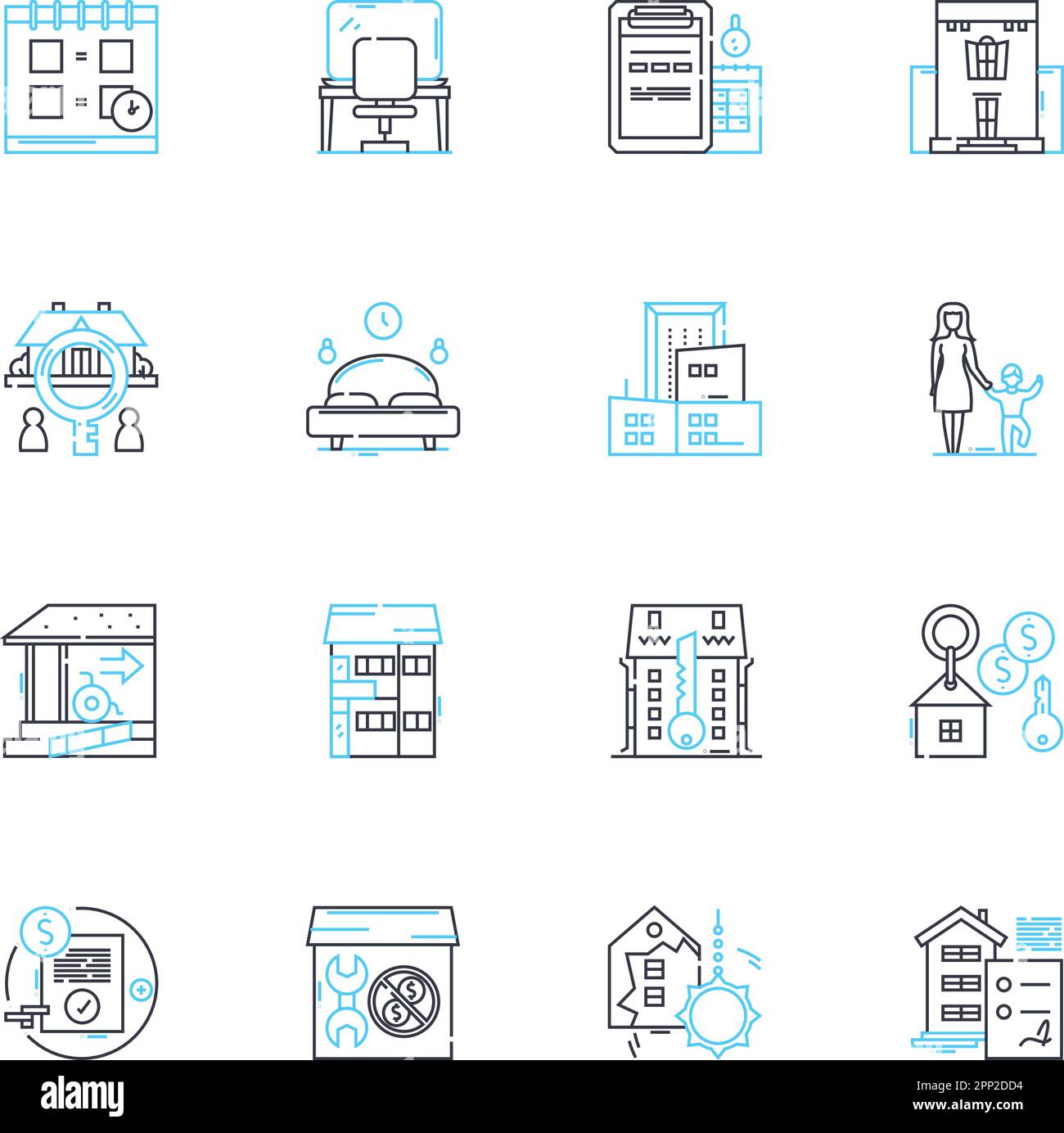 Market facility linear icons set. Hub, Bazaar, Mall, Plaza, Center ...