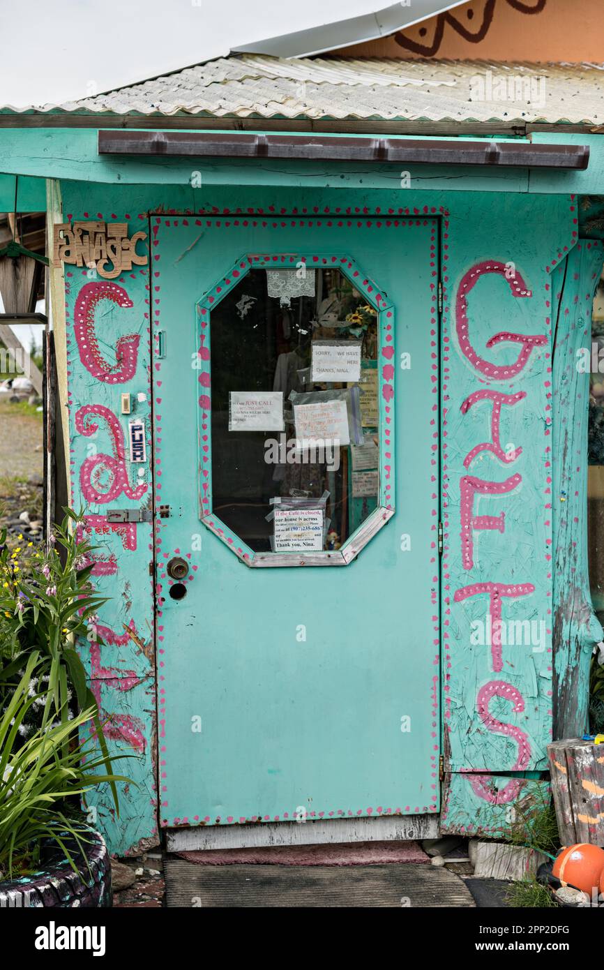 The decorated entrance to the Russian Samovar Cafe in Nikolaevsk ...