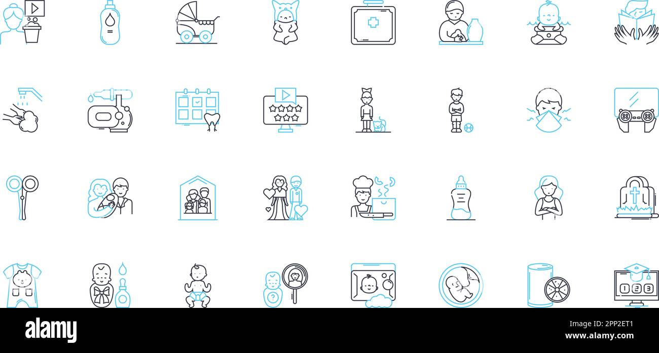 Toddler linear icons set. Playful, Curious, Mischievous, Active ...