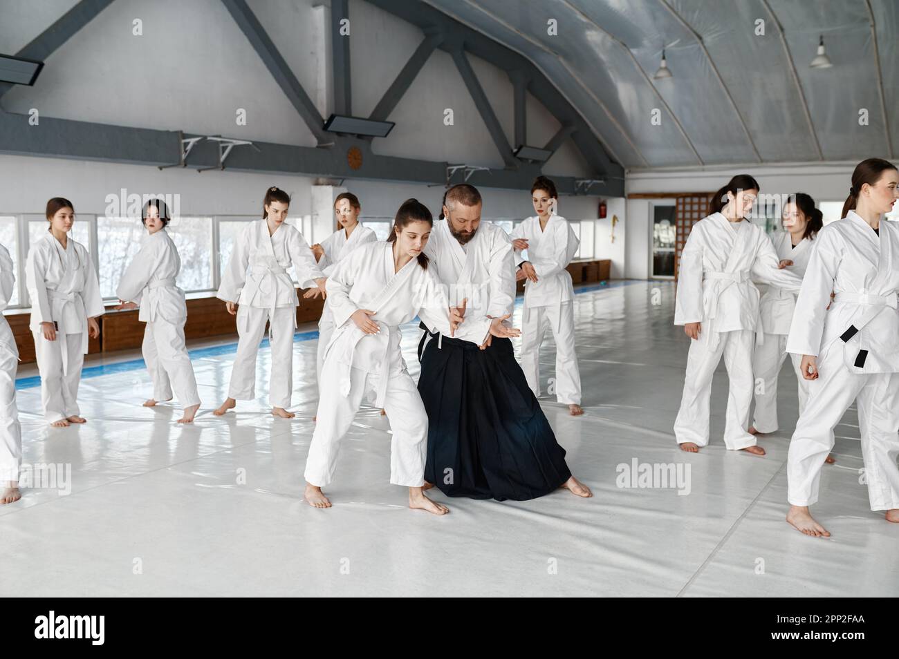 Aikido master showing protection and attack technique to student Stock Photo - Alamy