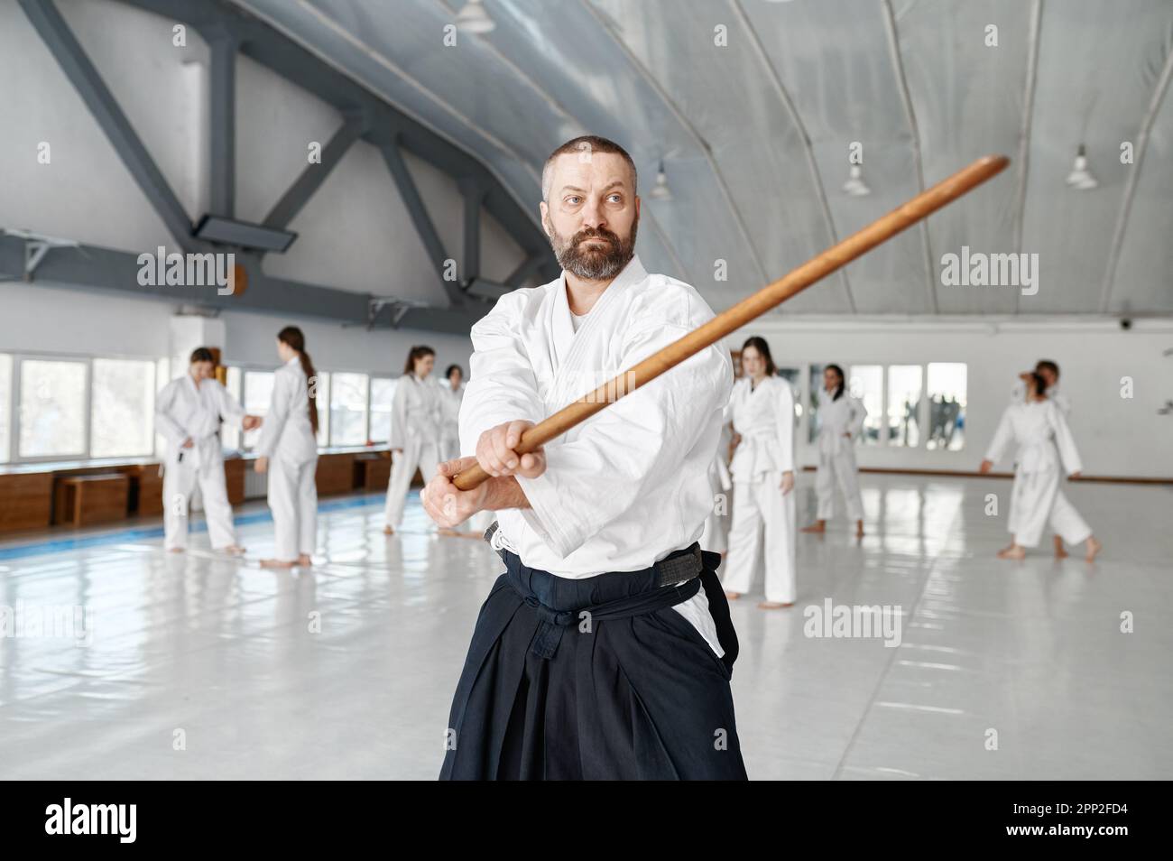 Portrait of aikido sensei master with wooden sword at group training ...