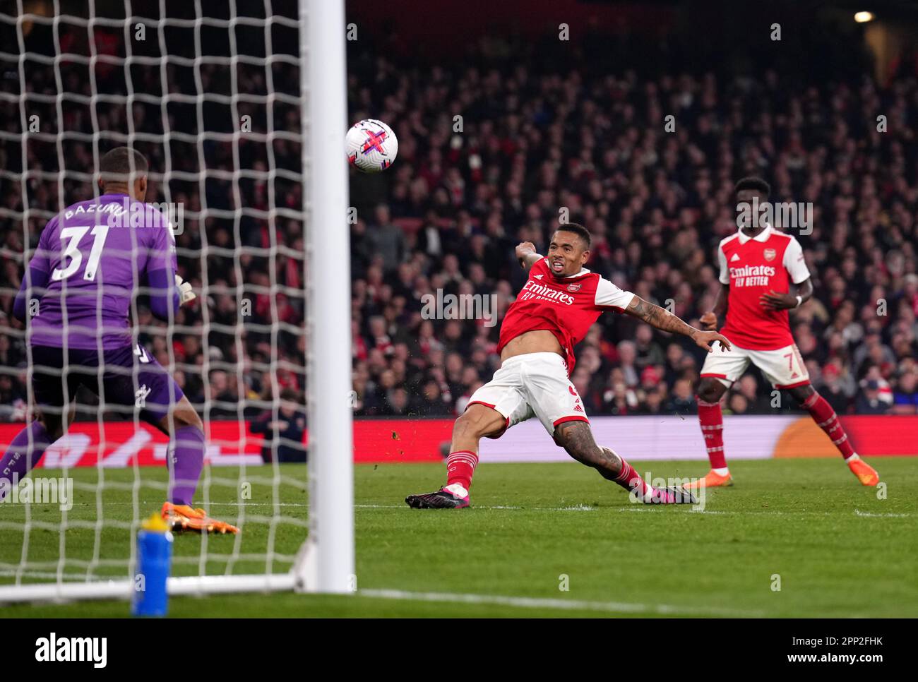 Arsenal's Gabriel Jesus shoots over during the Premier League match at ...