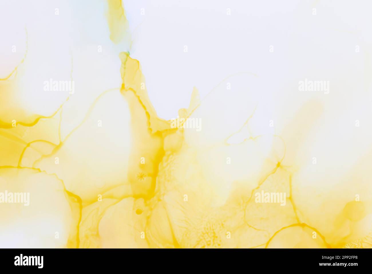 Macro close-up of bright yellow alcohol ink layers and splashes on ...