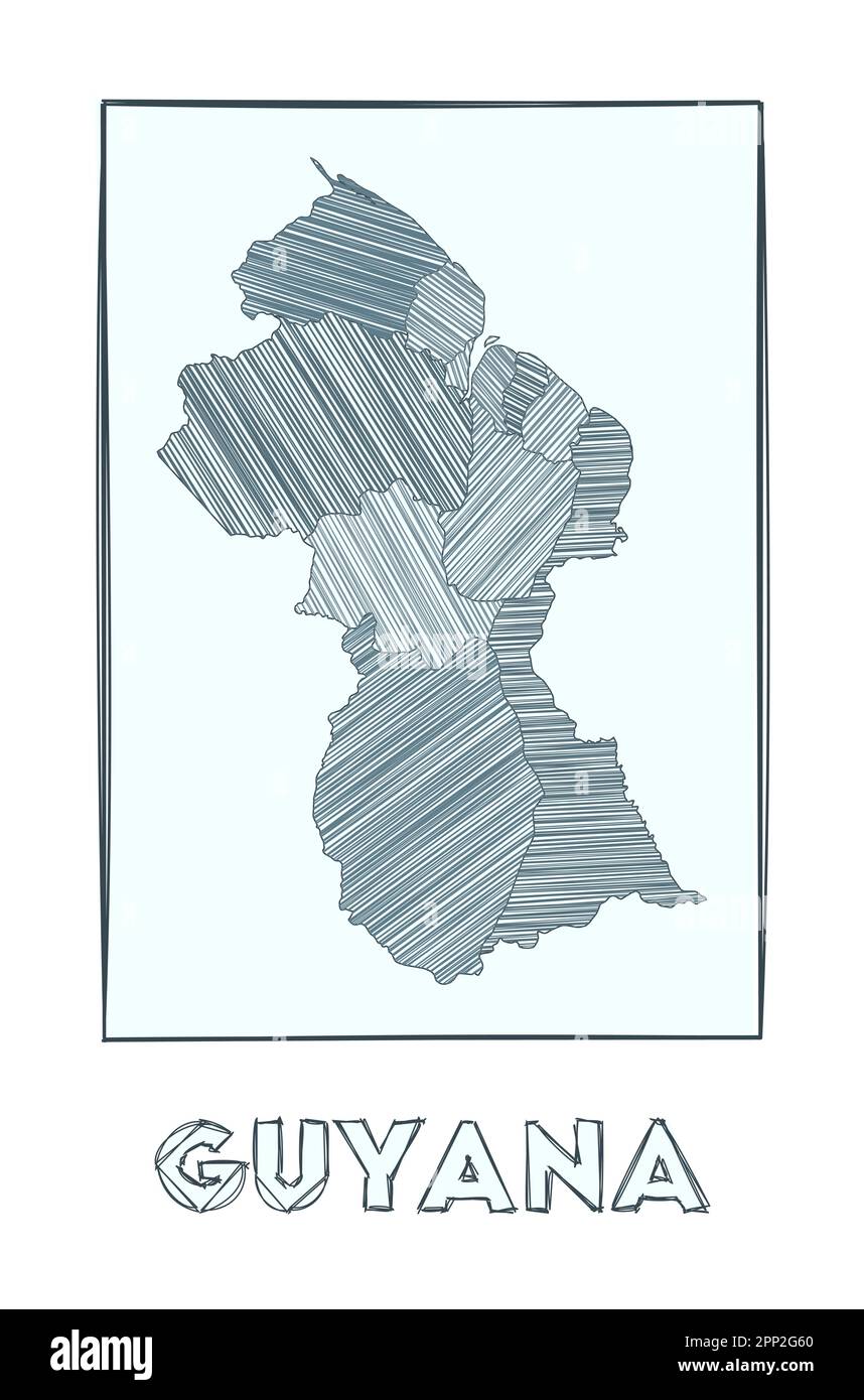 Sketch map of Guyana. Grayscale hand drawn map of the country. Filled regions with hachure ...