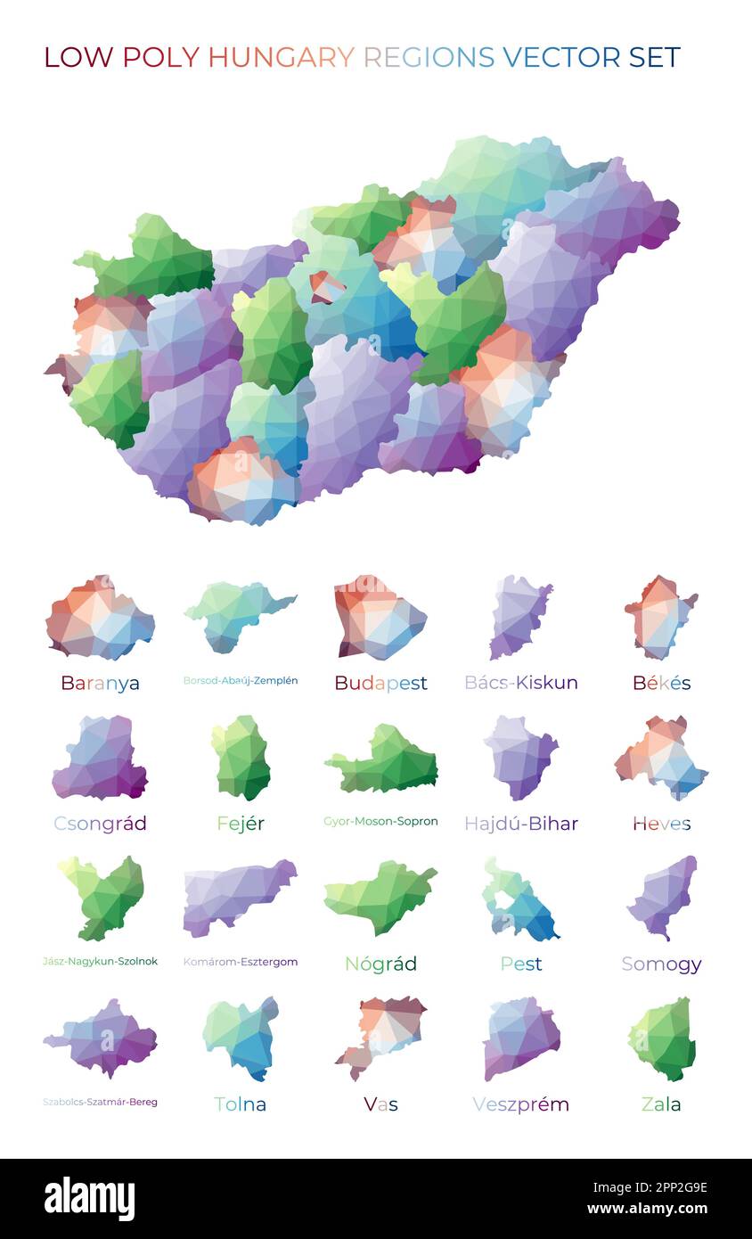 Hungarian low poly regions. Polygonal map of Hungary with regions ...