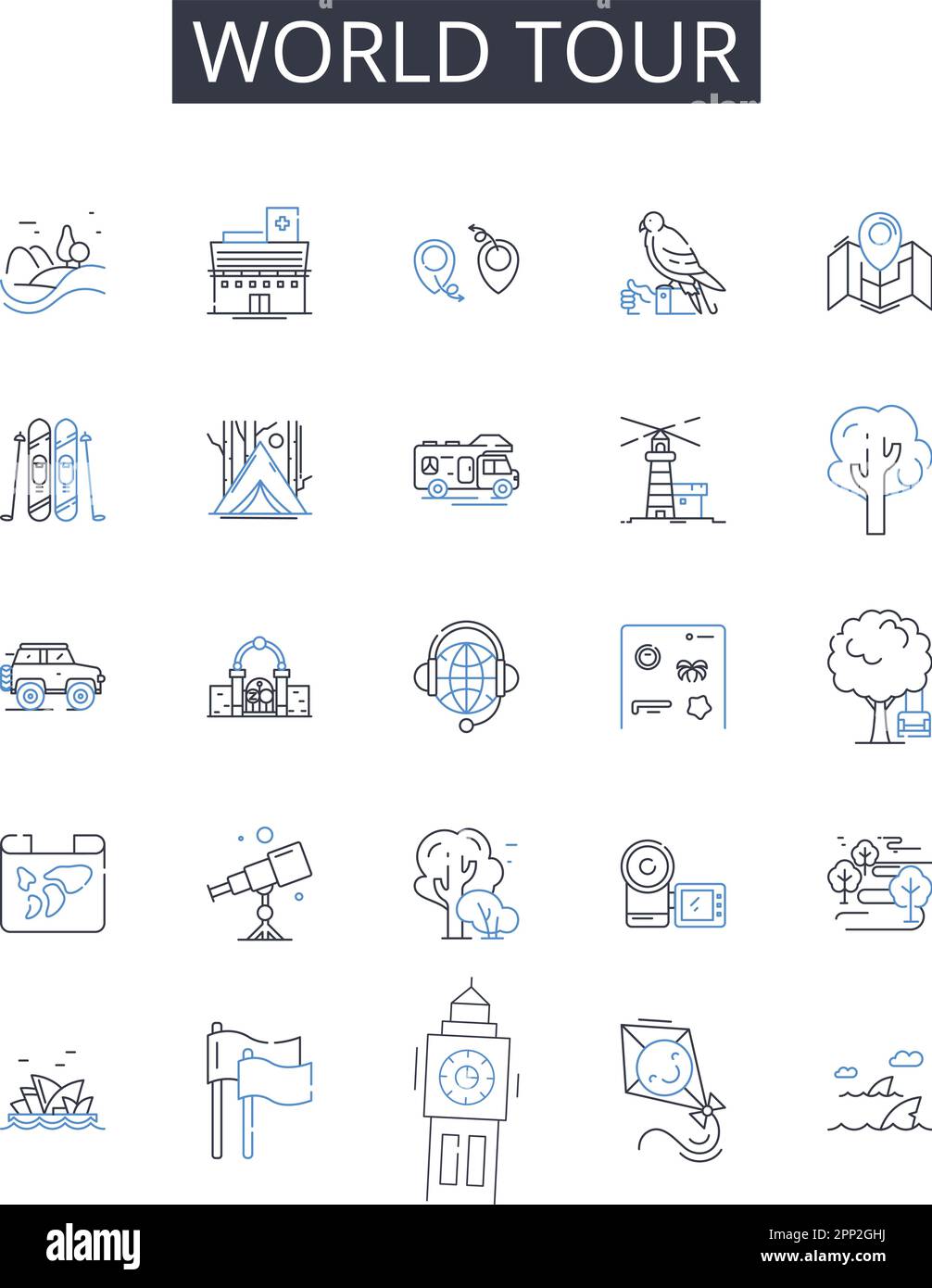 World tour line icons collection. Wild journey, Urban trek, High ...