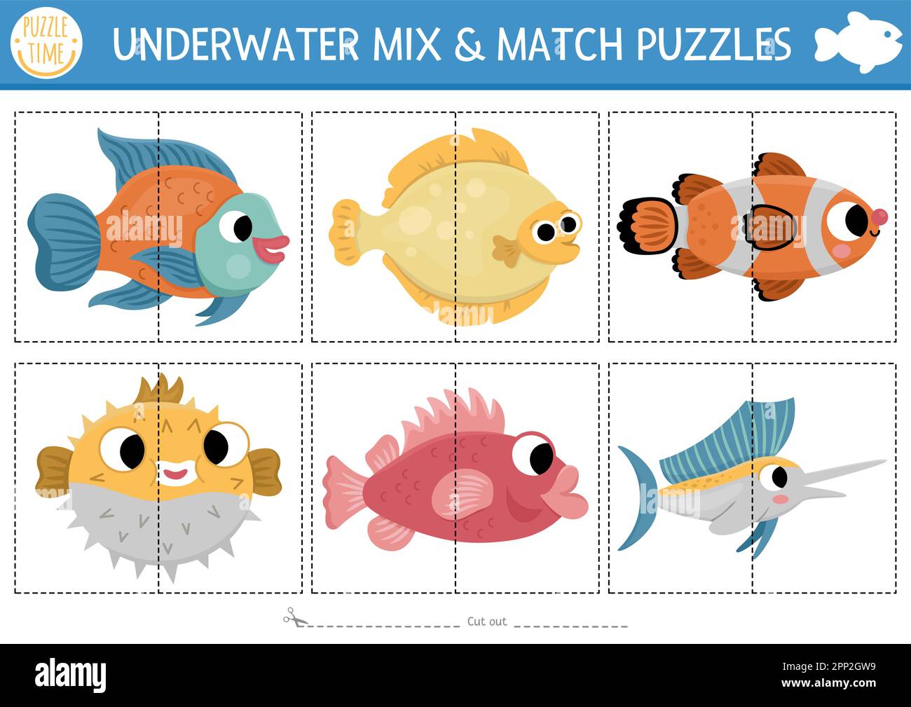 Vector under the sea mix and match puzzle with cute fishes. Matching ...