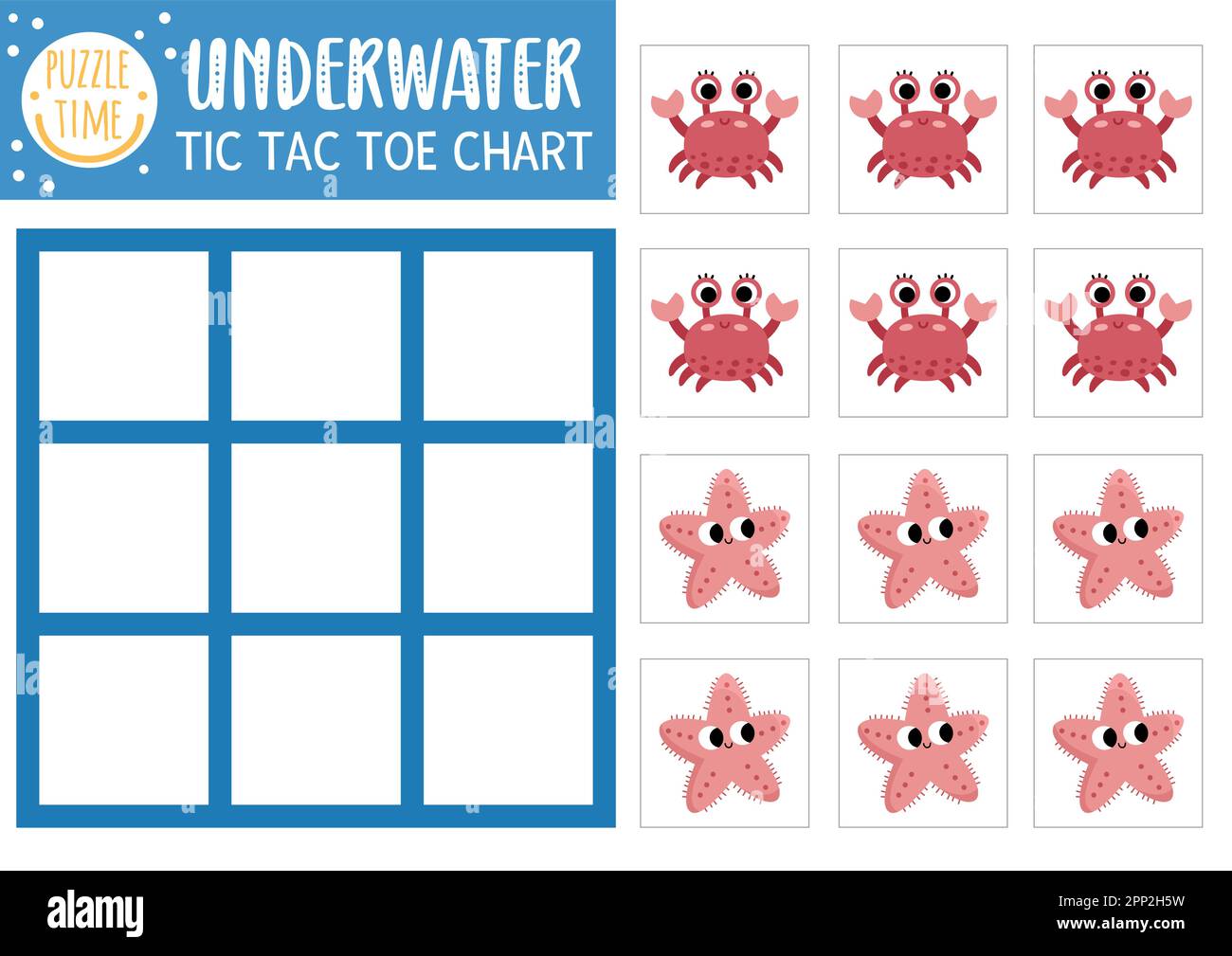 Vector under the sea tic tac toe chart with crab and starfish. Ocean ...