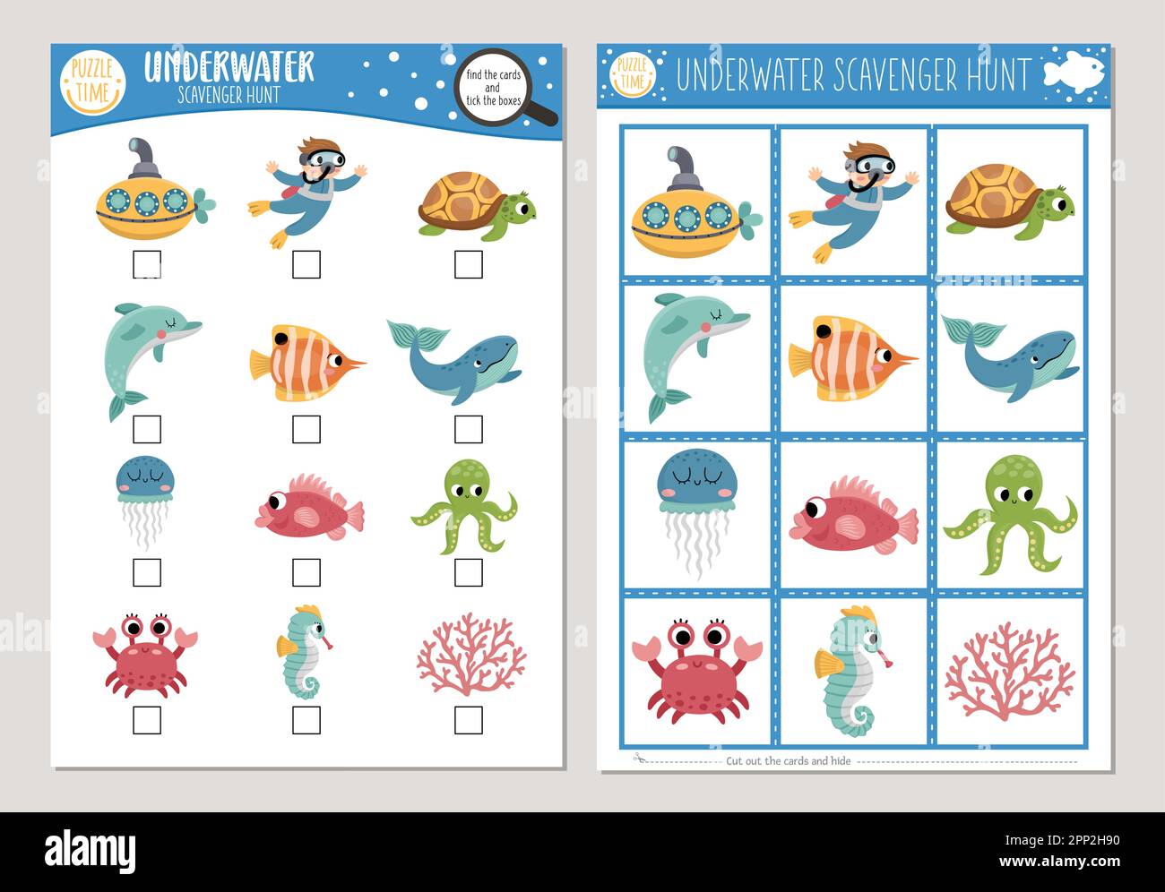 Vector under the sea scavenger hunt cards set. Seek and find game with ...