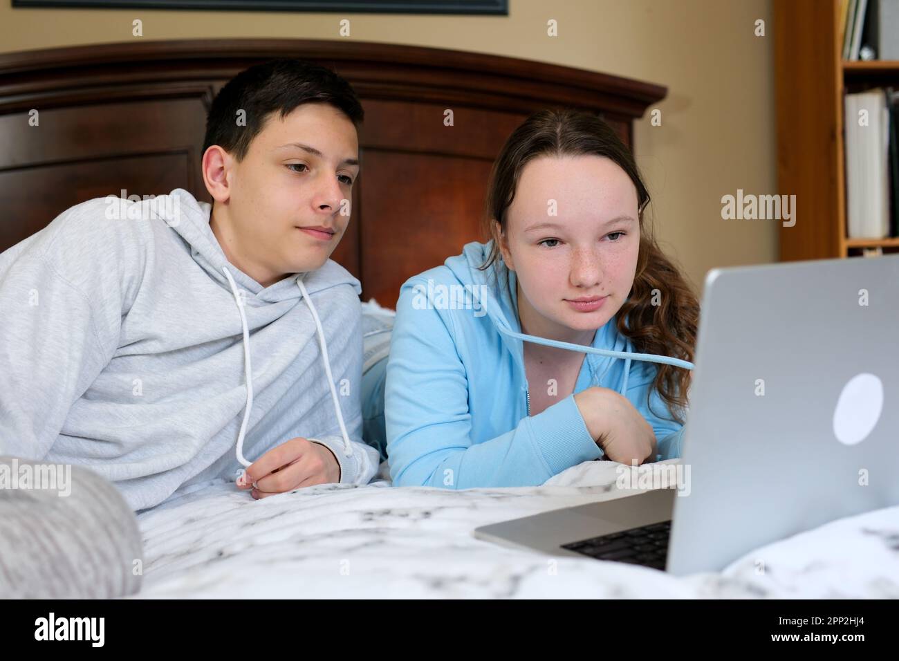 weekend boys teenage girls watch a movie on a laptop attentively ...