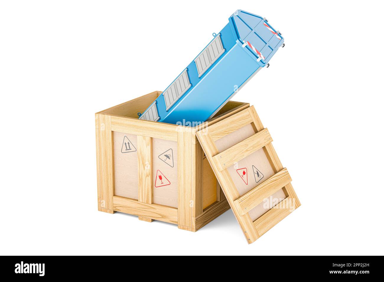 Industrial waste skip inside wooden box, delivery concept. 3D rendering ...