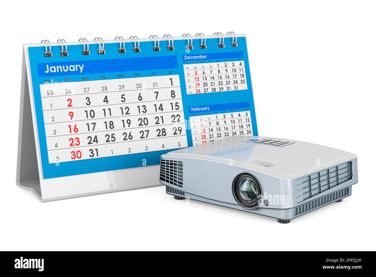 Projector with desk calendar, 3D rendering isolated on white background ...